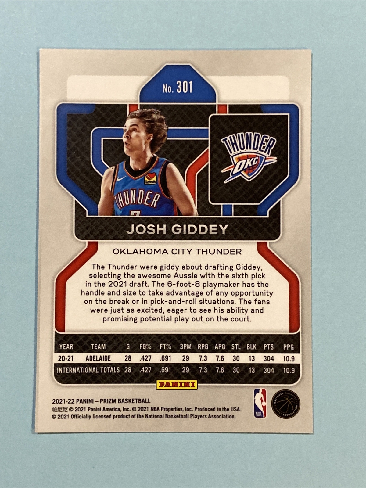 代購代標第一品牌－樂淘letao－Josh Giddey 2021-22 Panini Prizm #301 Base RC Rookie Card Oklahoma City Thunder ...