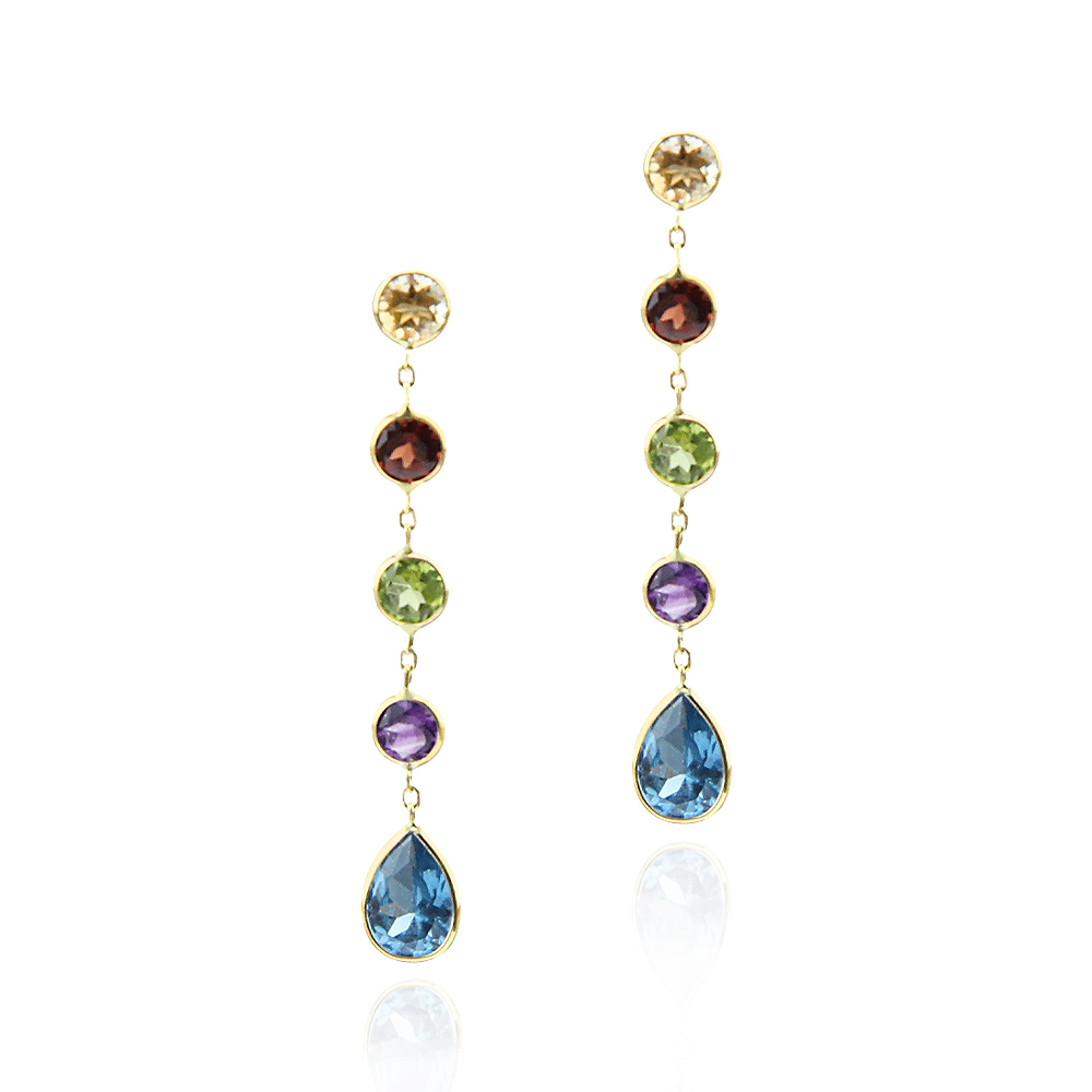 14k Yellow Gold Dangling Earrings With Multi Colored Gemstones