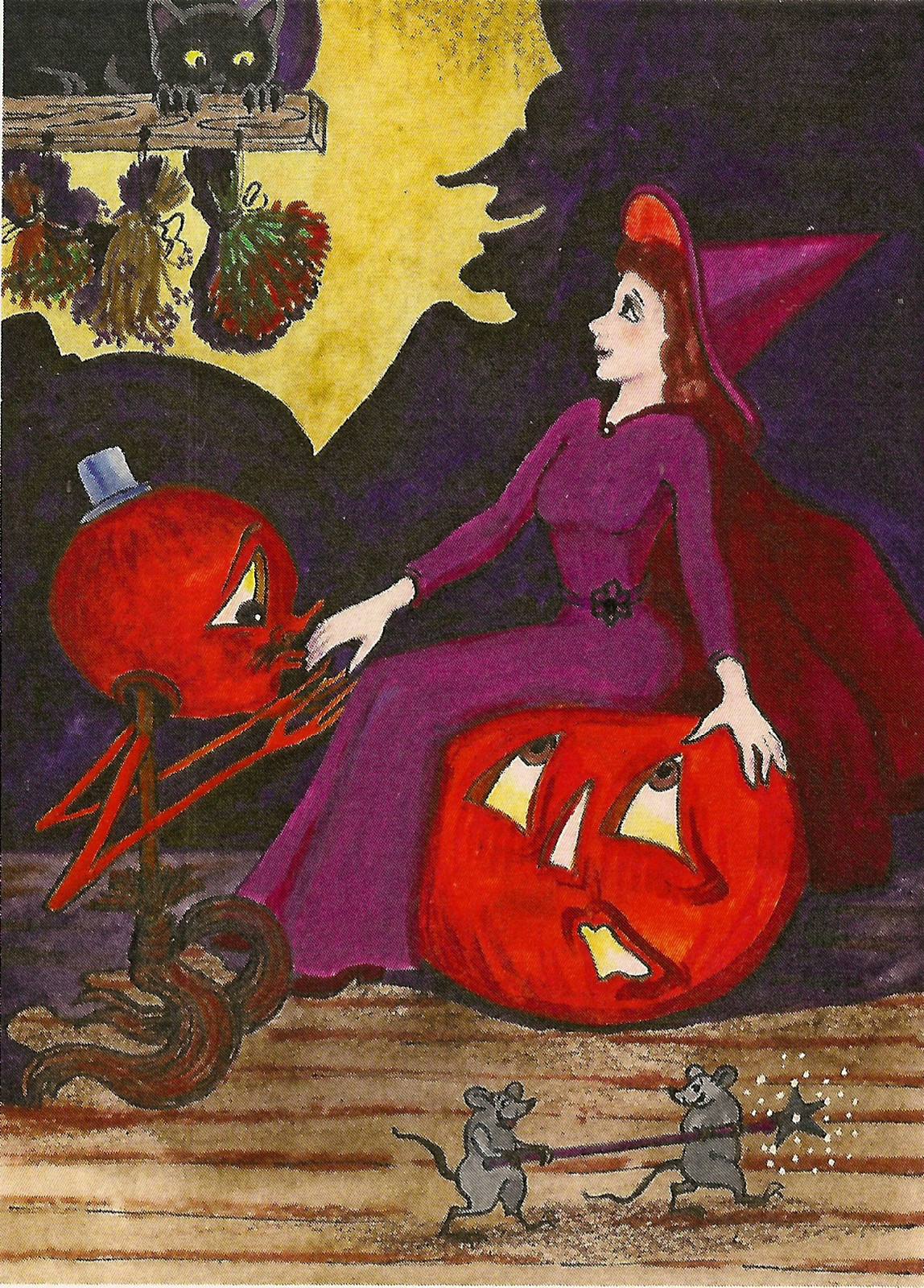 ACEO PRINT OF PAINTING HALLOWEEN FOLK ART RYTA BLACK CAT WITCH RAT ... ACEO PRINT OF PAINTING HALLOWEEN FOLK ART RYTA BLACK CAT WITCH RAT ...