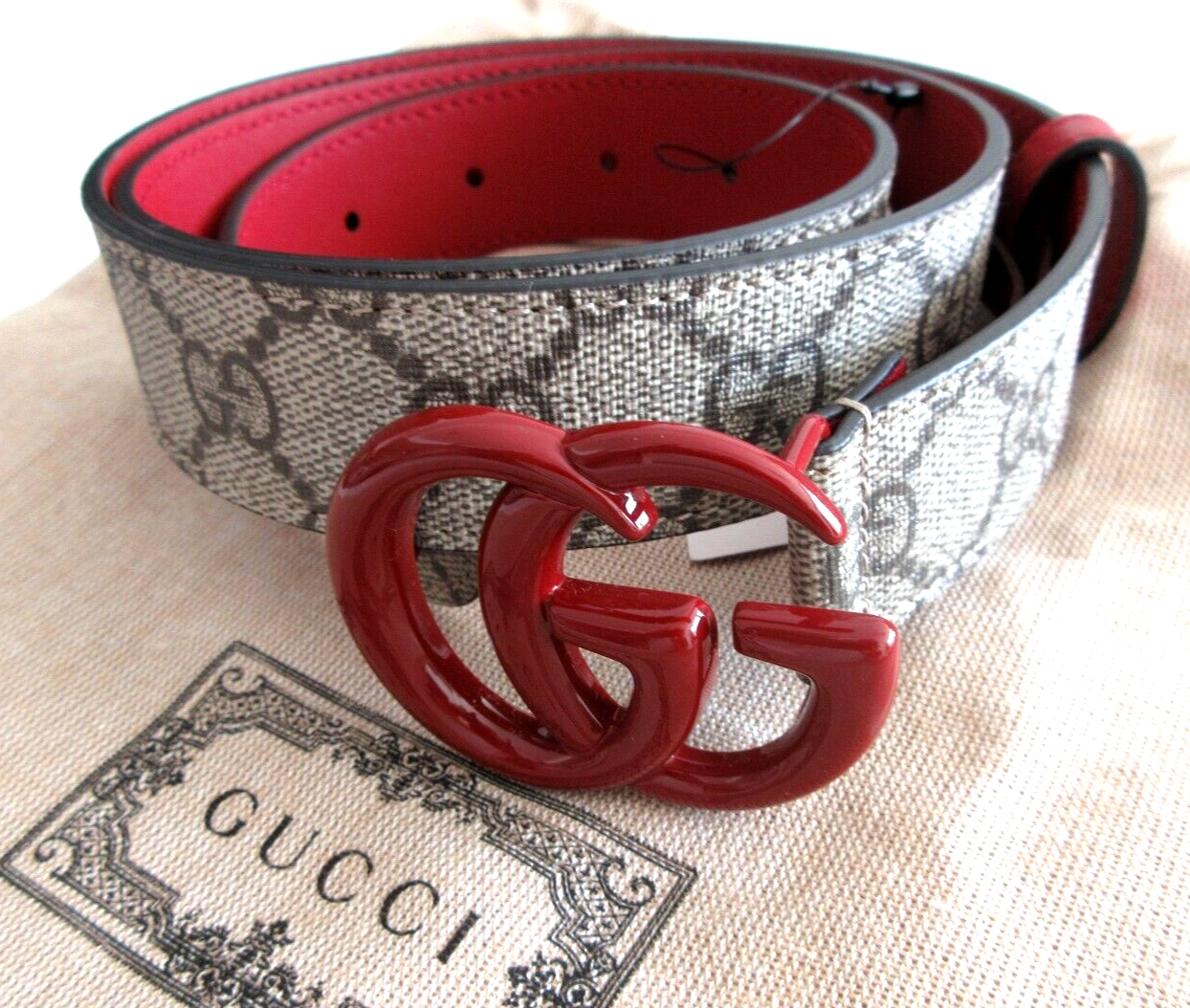 NEW Gucci Marmont Belt GG Logo Red Brown Monogram Canvas 85 NEW Gucci Marmont Belt GG Logo Red Brown Monogram Canvas 85