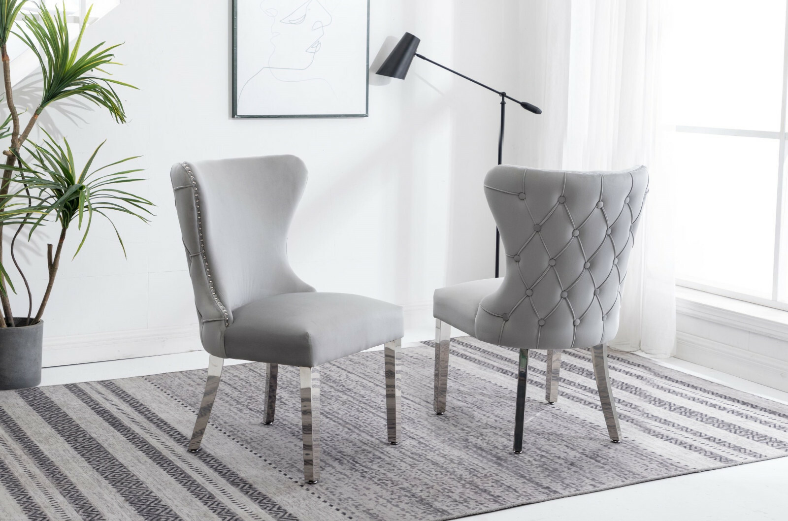 Florence Luxury Light Grey Plush Velvet Dining Chairs Chrome Legs
