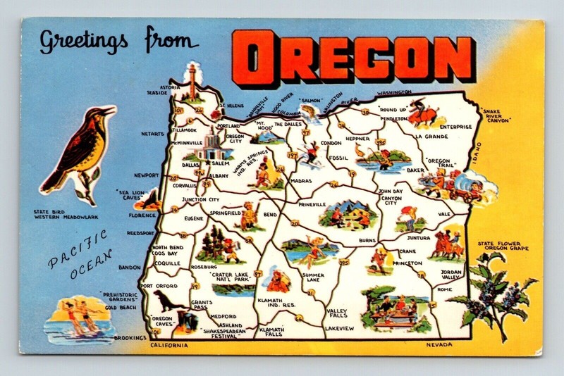 Greetings Oregon Beaver State Map Meadowlark Bird Landmarks DB Postcard ...