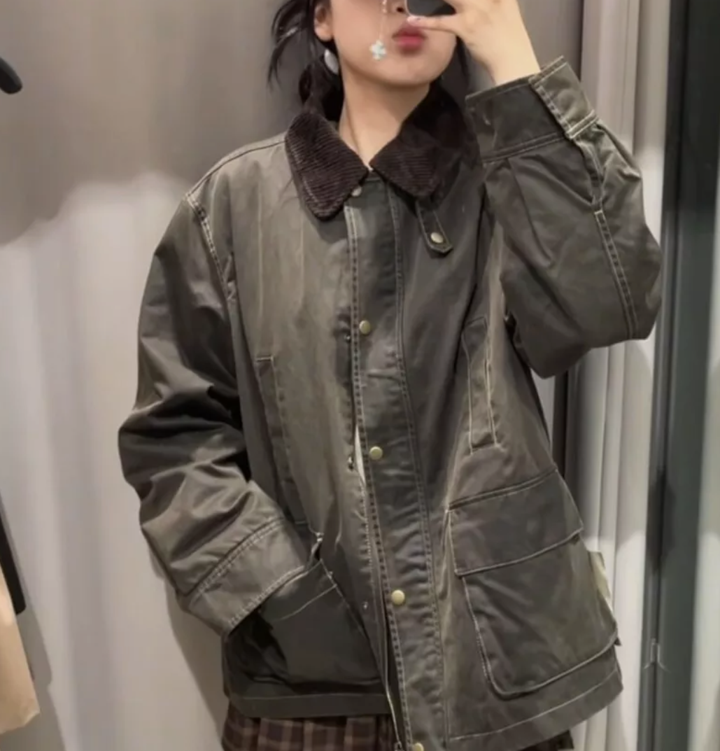 NEW ZARA 2024 MOSS GREEN WAXED JACKET WITH CORDUROY COLLAR NEW ZARA 2024 MOSS GREEN WAXED JACKET WITH CORDUROY COLLAR