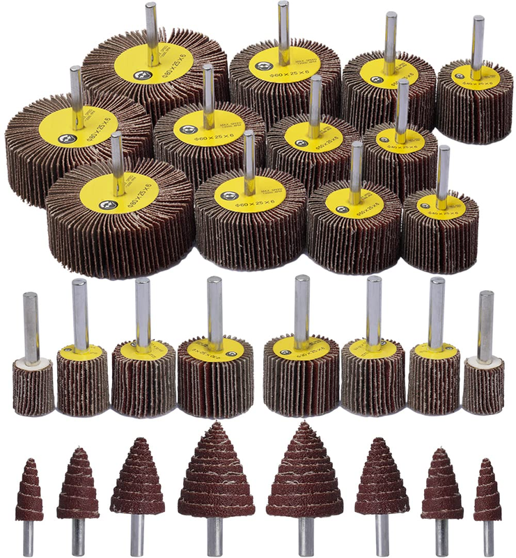Abrasive Flap Wheel Sander Set,28 Pack 80 Grit 1/4" Shank Mounted Alum ...