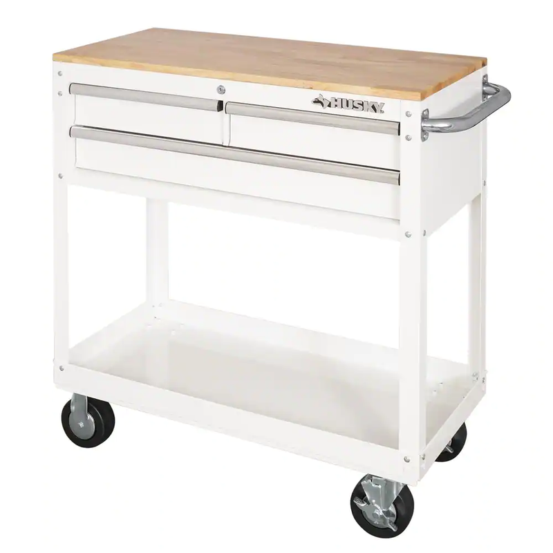White Utility Cart 3-Drawer Solid Wood Top Workbench