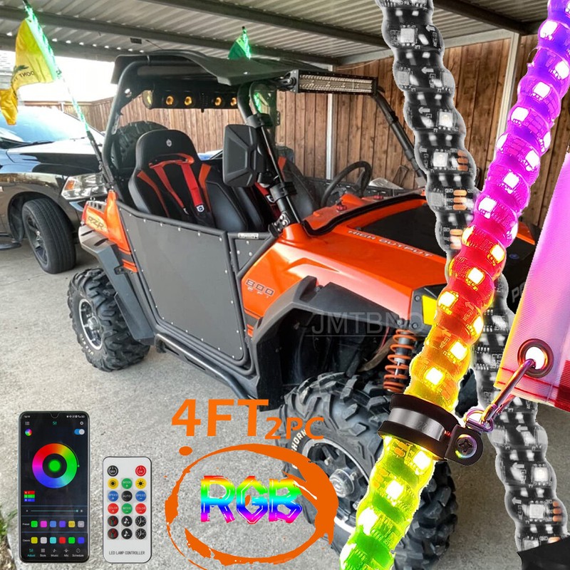 Pair 4ft RGB LED Spiral Whip Lights Antenna UTV ATV For Polaris RZR S ...