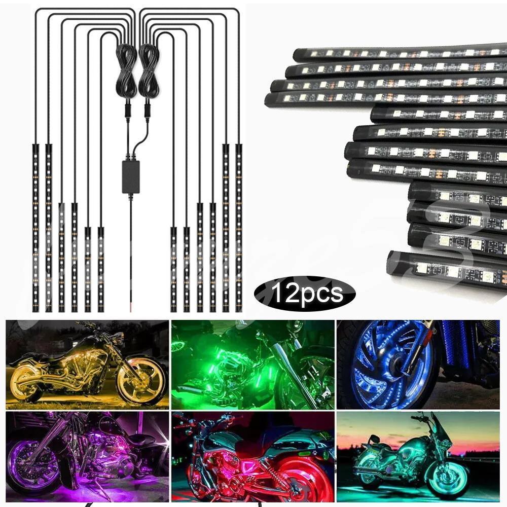 12PC RGB Bluetooth Motorcycle LED Light Under Glow Neon Strip Remote ...