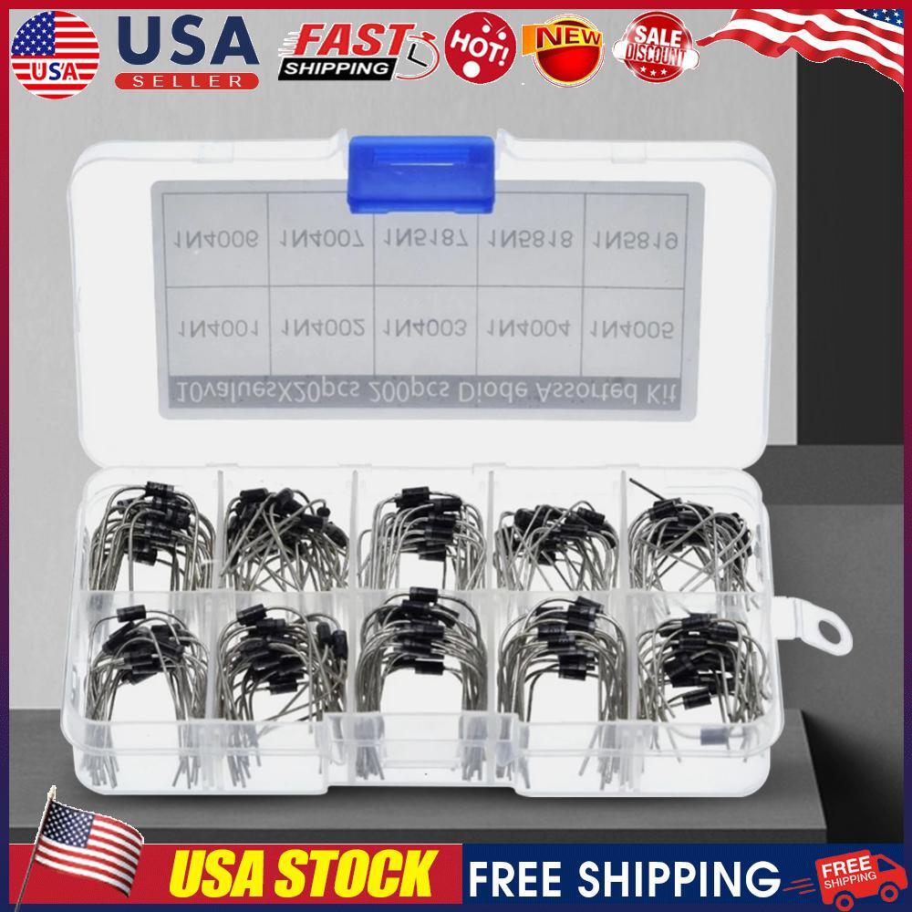 200Pcs Diode Assortment Set with Box 10 Values Assorted Rectifier Diodes 5V