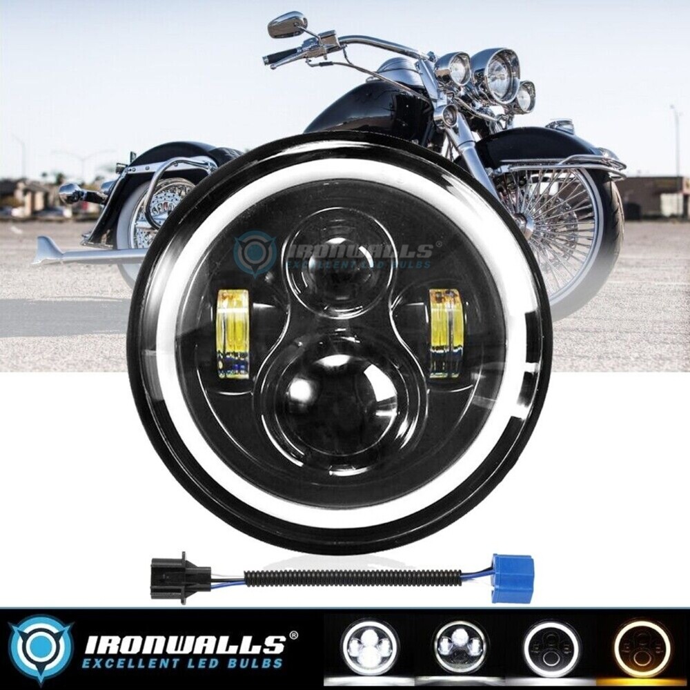 7" LED Headlight HI/Lo DRL Angel Eyes Ring Lamp for Harley Honda Yamaha ...