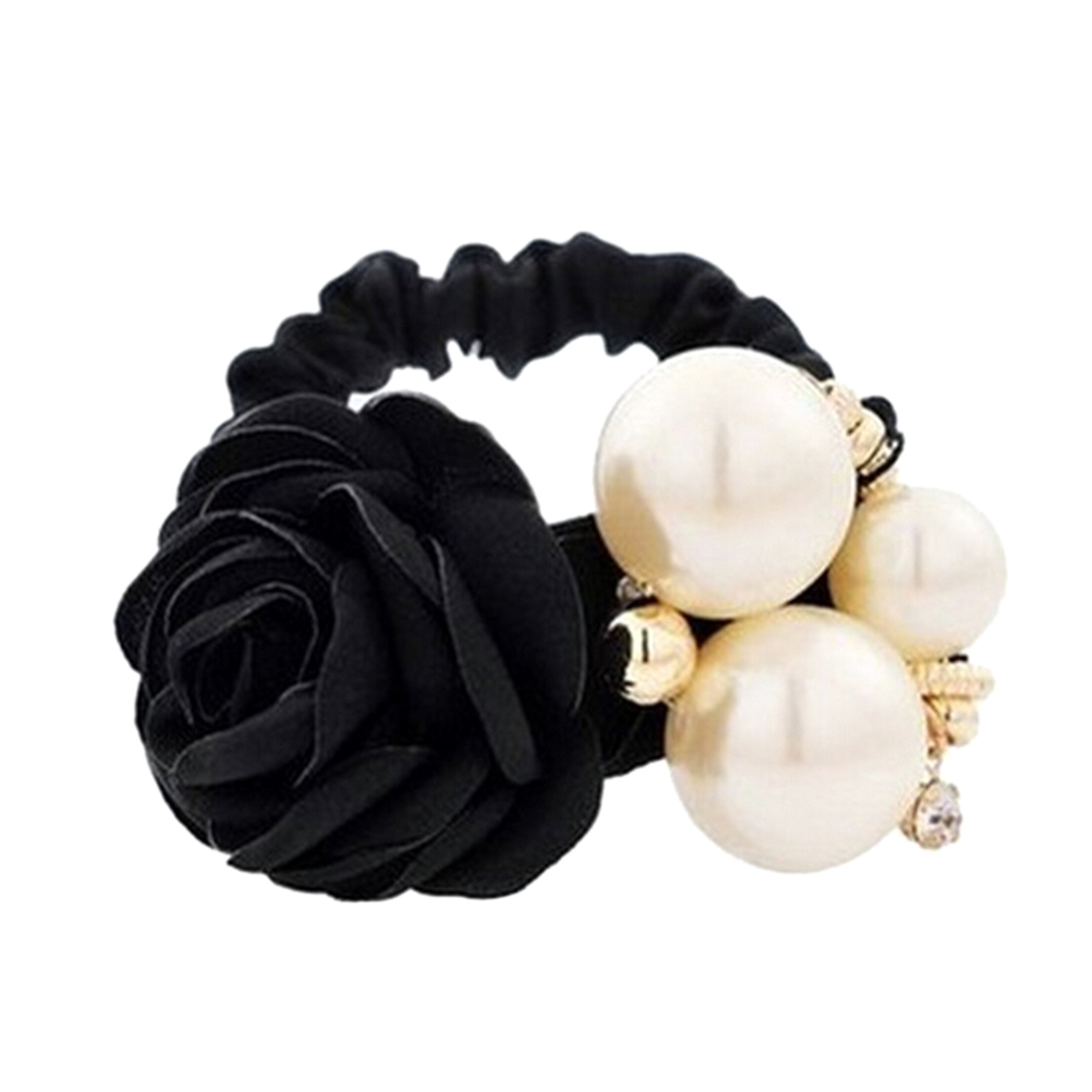 Women Girls Rose Flower Pearls Beads Hair Band Rope Scrunchie Ponytail ...