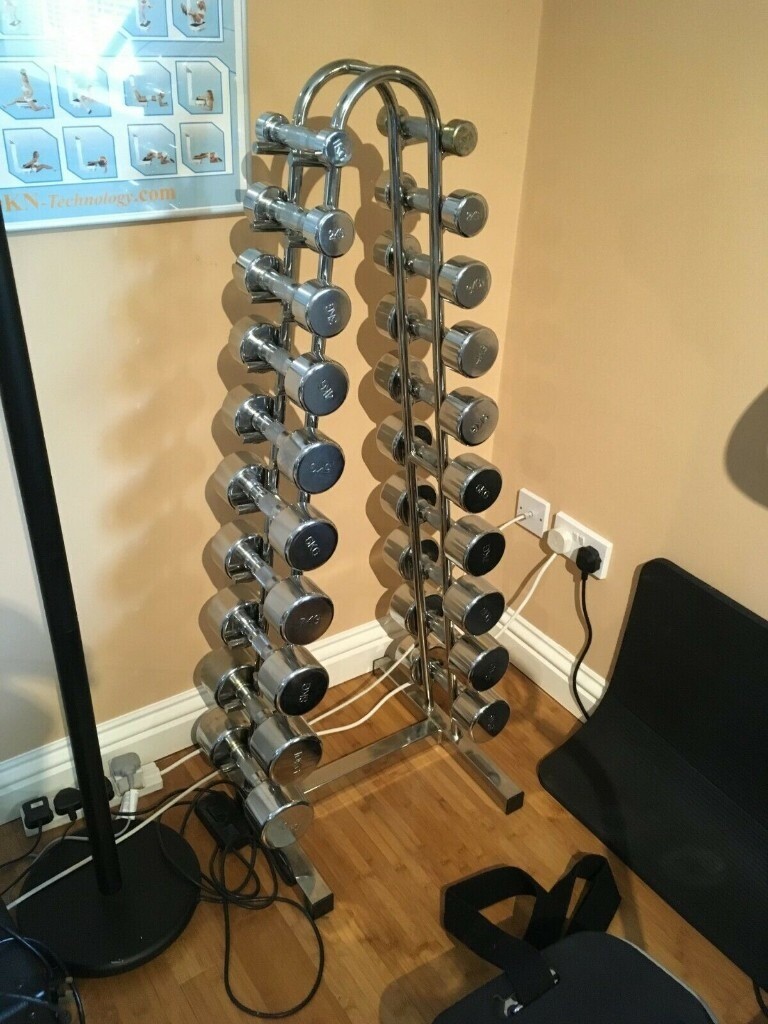 Chrome Dumbbell Set With Rack - 1kg (x2) to 10kg (x2) (dumbells, cast ...