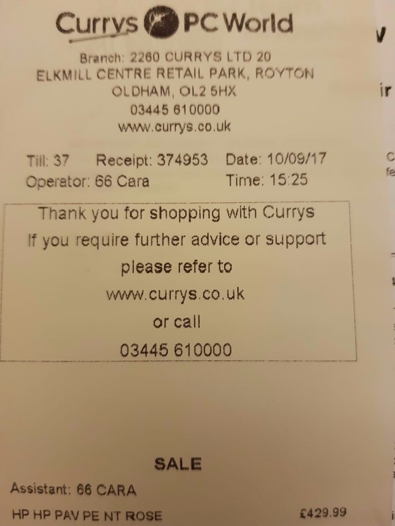 HP Laptop recently purchased from Curry's PC World but got one from ...