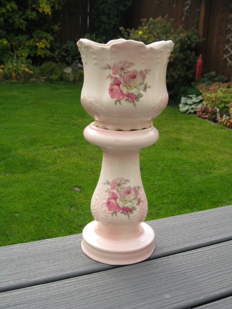 Vintage Staffordshire Pottery Pink Floral Jardiniere On Display Stand ... Vintage Staffordshire Pottery Pink Floral Jardiniere On Display Stand ...