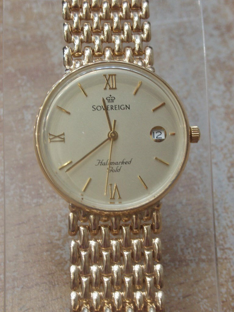 Mens 9ct Gold Hallmarked Sovereign Watch/Strap.'Hallmarked Gold' Quartz ...