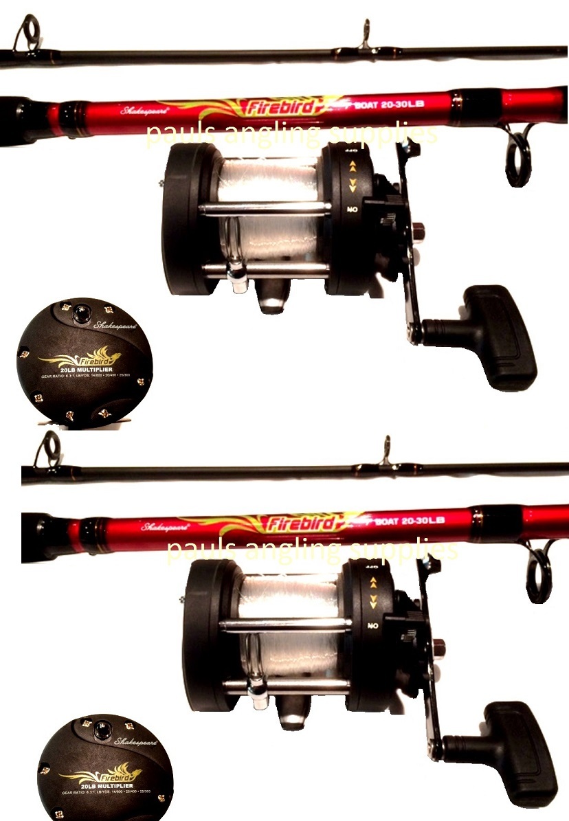 2 x Shakespeare Firebird Boat Fishing Rods Multiplier Boat Reel Sea ...