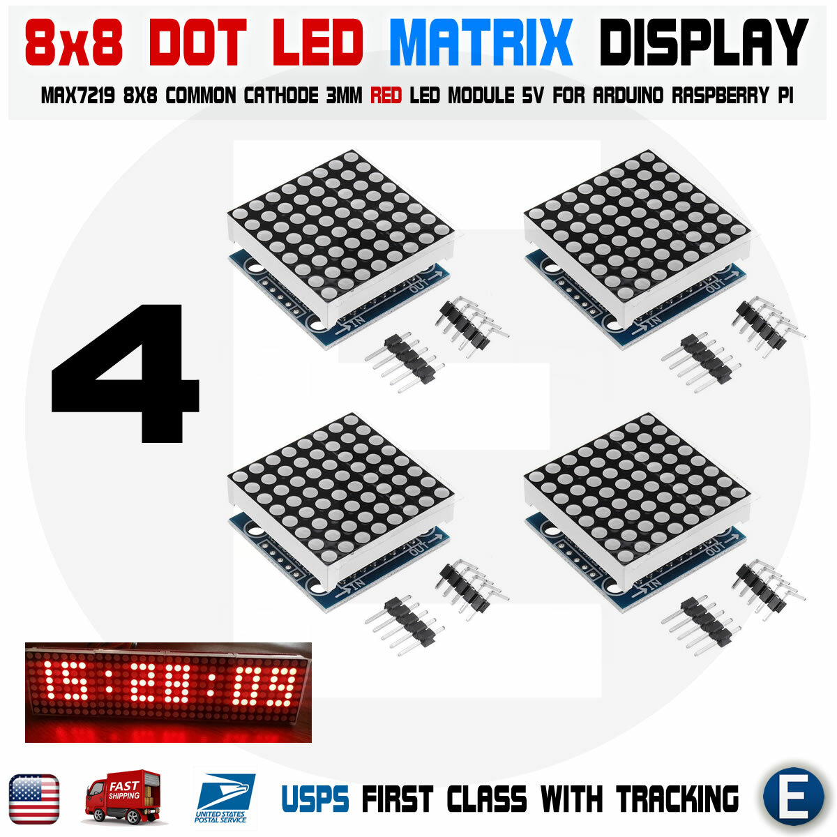 4pcs Max7219 Red Dot Matrix 8x8 88 Led 