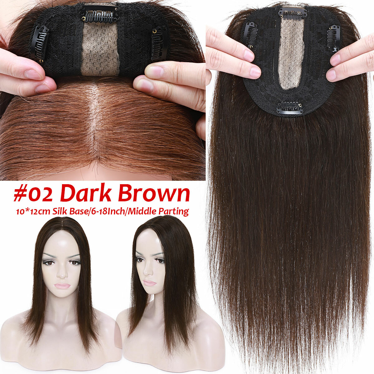 Clip In Remy Human Hair Topper Hairpiece Toupee with Bangs Silk Base ...