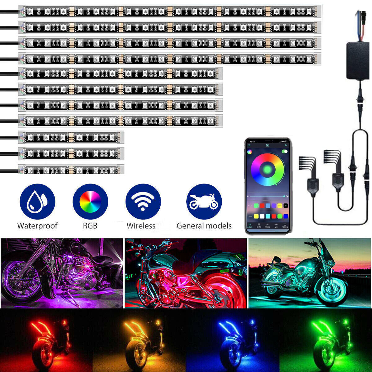Motorcycle RGB Led Lights Wireless App Neon Color Under Glow Light ...