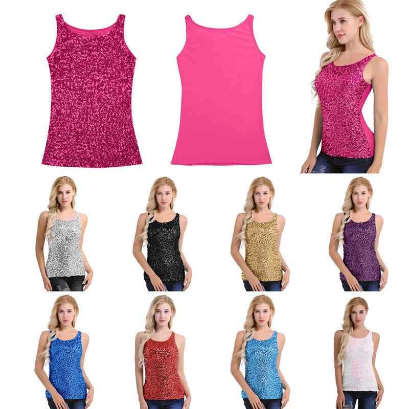 Frauen Sparkle Glitzer Pailletten ärmellos Tank Tops Vest Cropped T