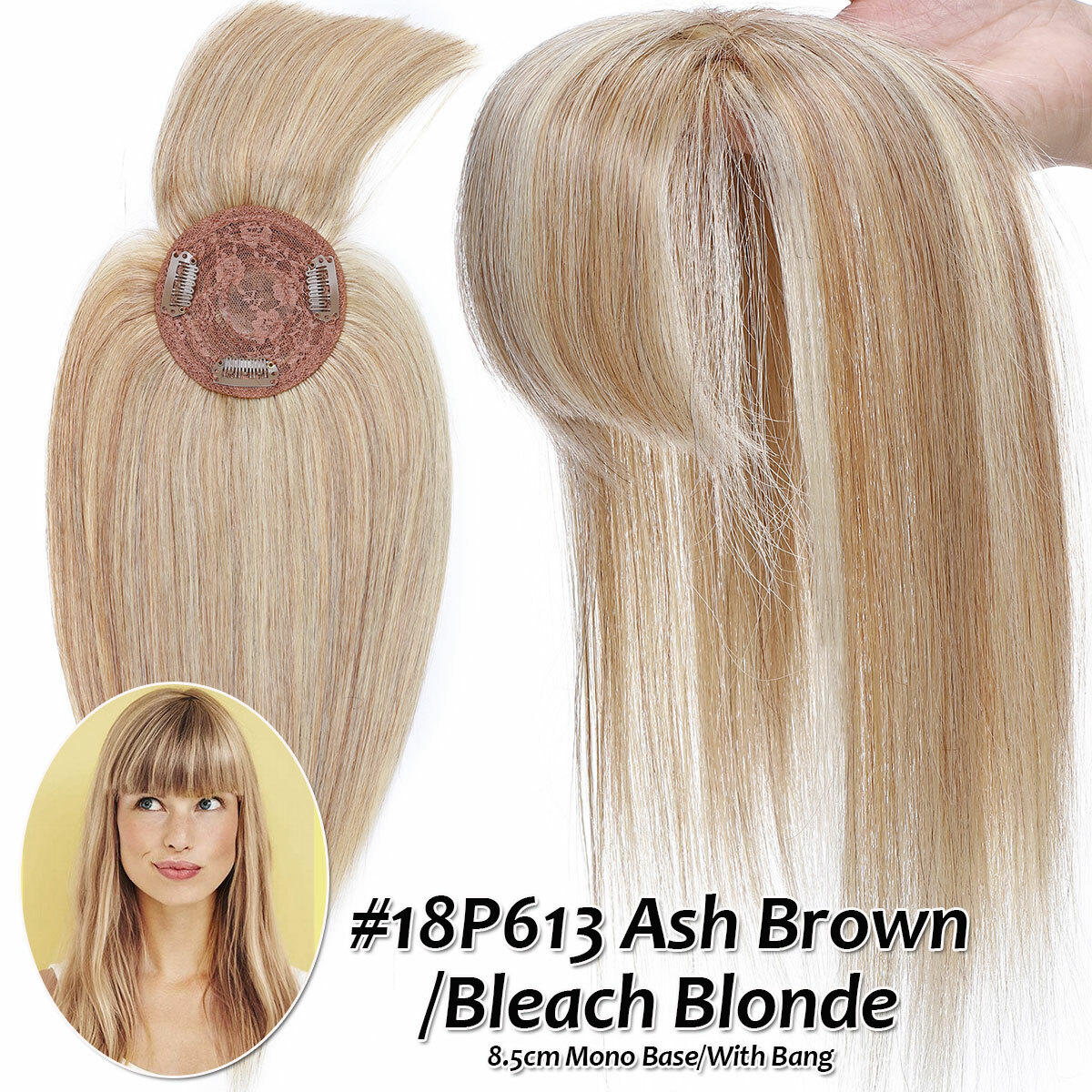 Clip In Remy Human Hair Topper Hairpiece Toupee with Bangs Silk Base ...