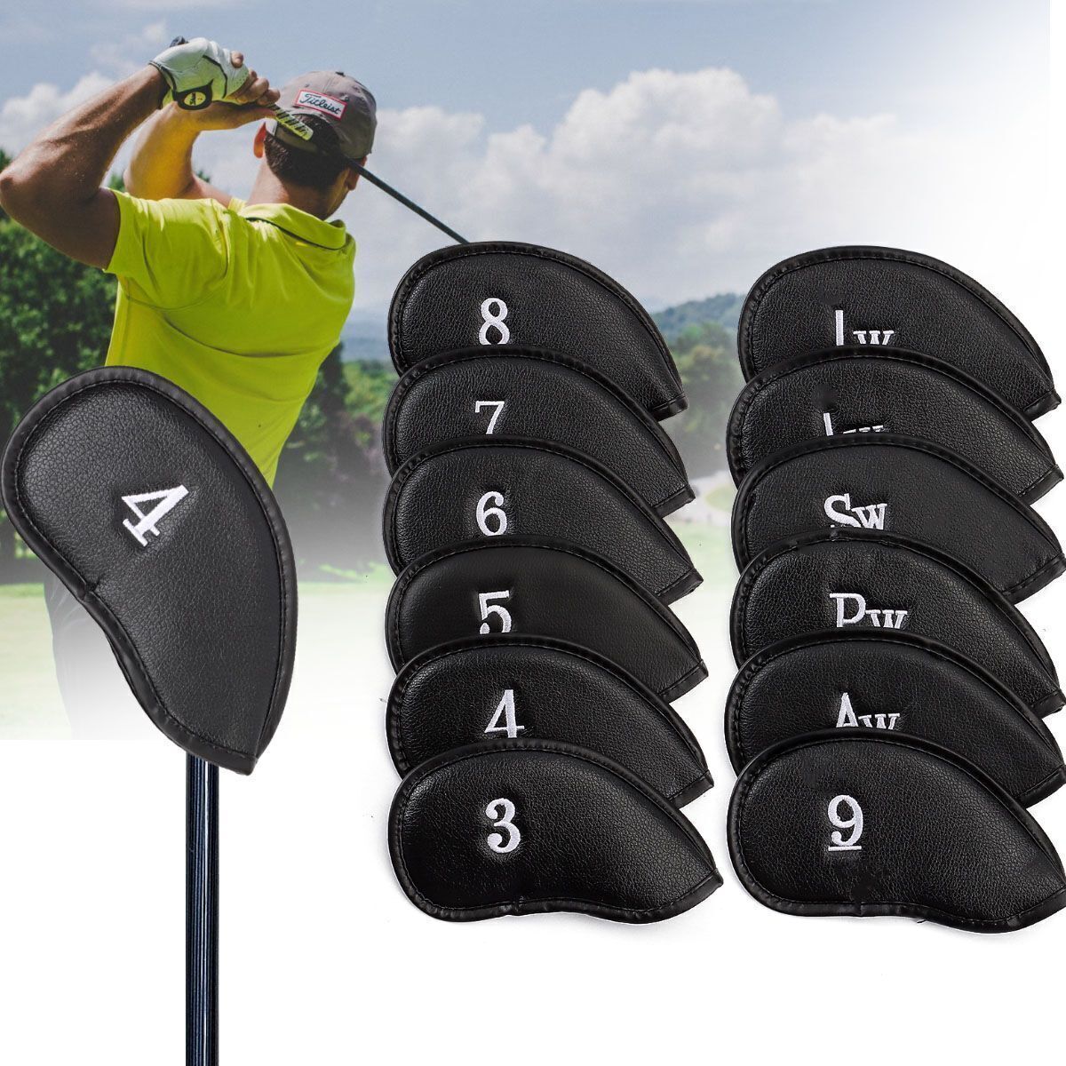 12Pc Universal Golf Iron Leather Head Covers Club Headcovers Taylormade ...
