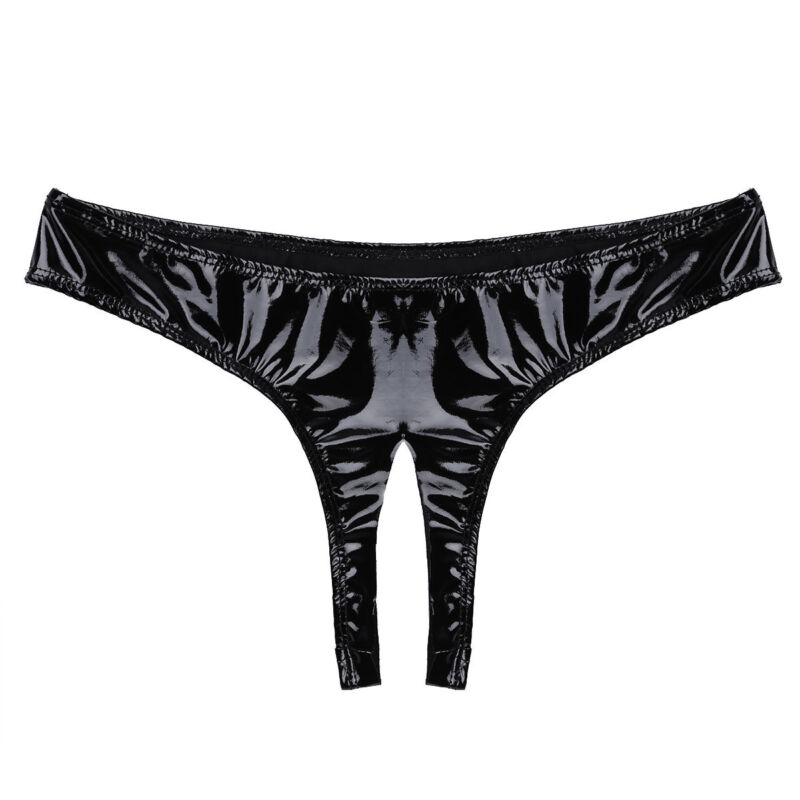 Women Lingerie Wet Look Patent Leather Open Crotch Panties High Cut