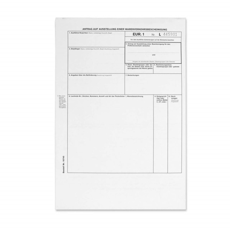 50 x EUR.1 EUR1 Warenverkehrsbescheinigung Vordruck Einzelsatz 821701 ...