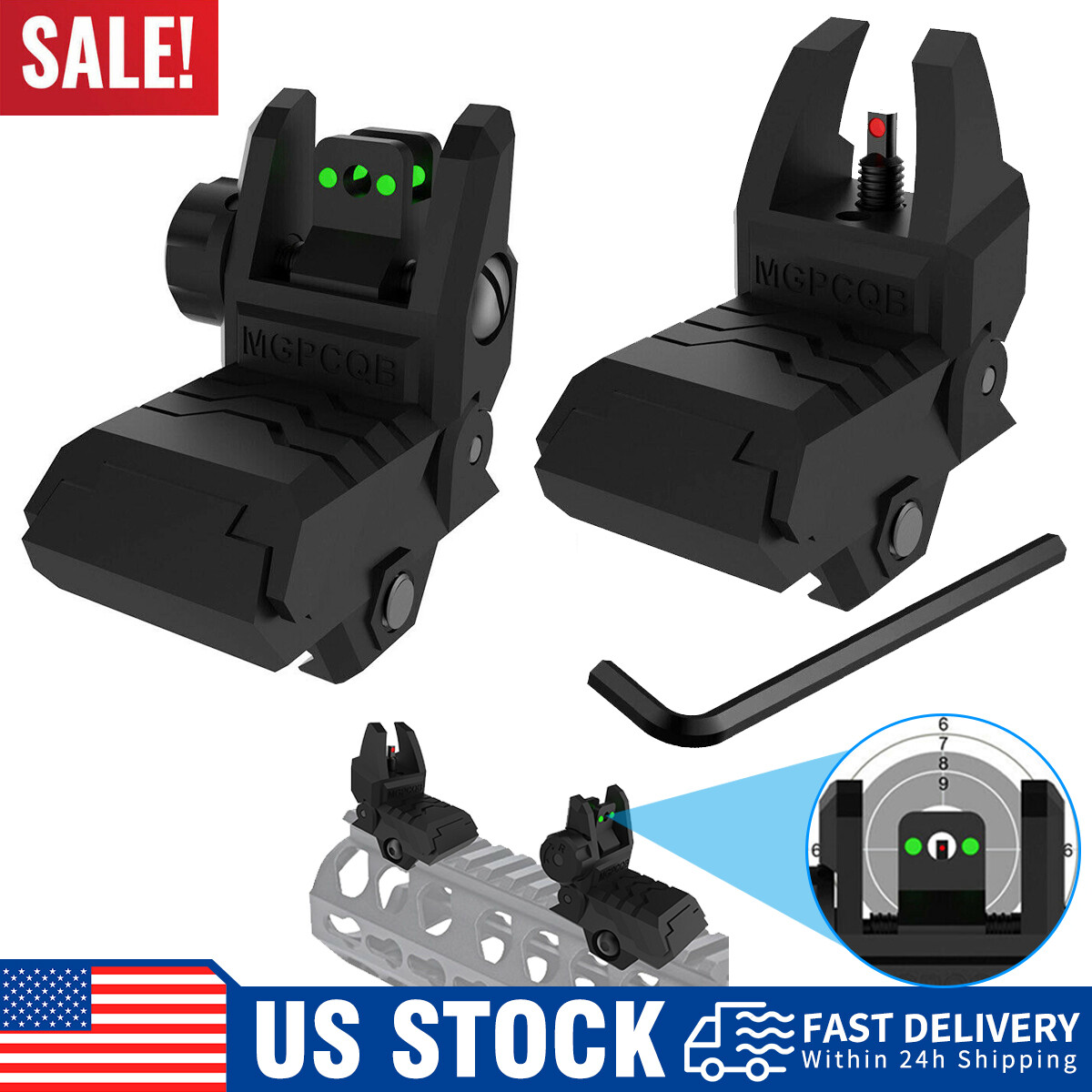 Tactical Foldable Fiber Optics Sight Flip-up Front&Rear Sight
