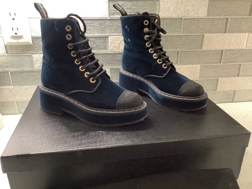 Chanel Velvet Turquoise Combat Boots Size 37/7 | eBay Chanel Velvet Turquoise Combat Boots Size 37/7 | eBay