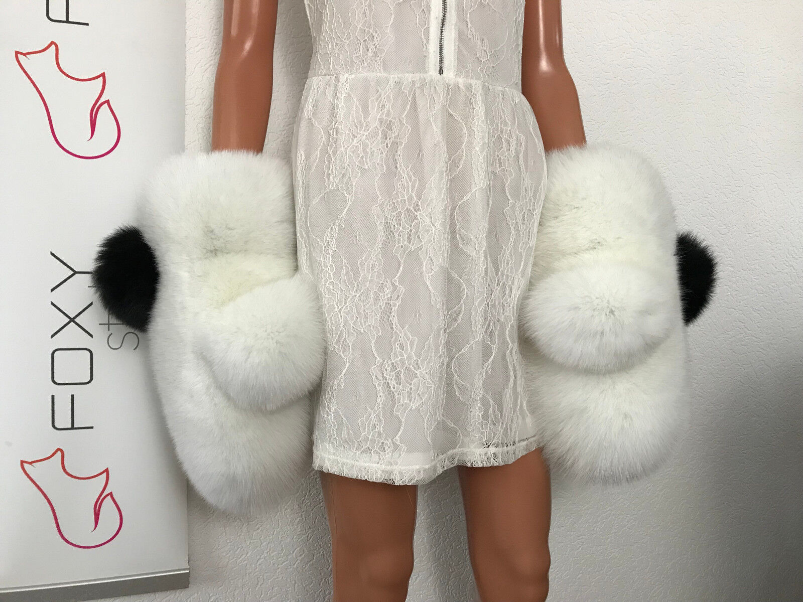 Pure white Fox Fur Huge mittens with black removable pompons Pure white Fox Fur Huge mittens with black removable pompons