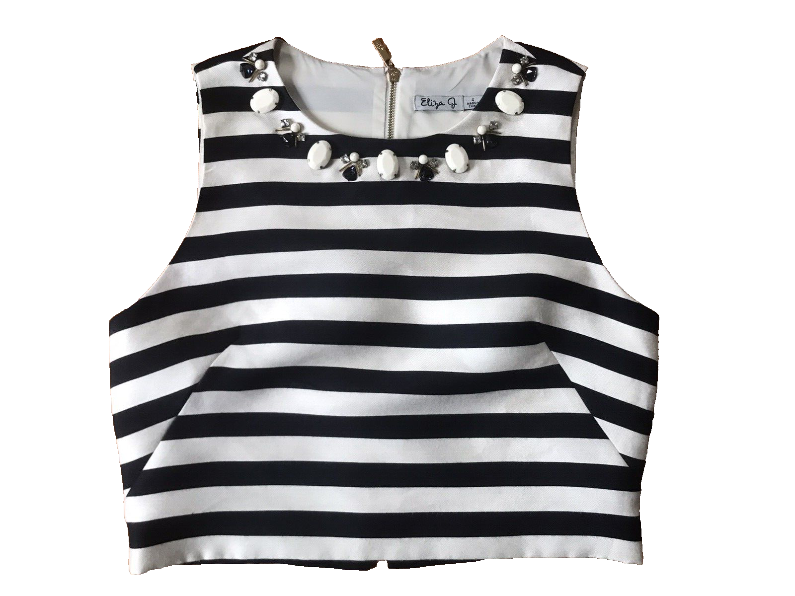 Eliza J Sleeveless Black White Stripe Top Size 4 Embellished Eliza J Sleeveless Black White Stripe Top Size 4 Embellished