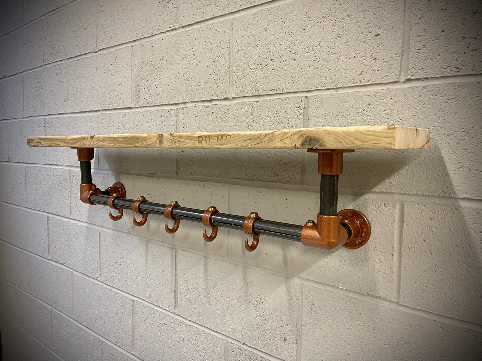 Industrial Pipe Shelf With 5 Hooks Wall Storage Shelving Unit Original Copper