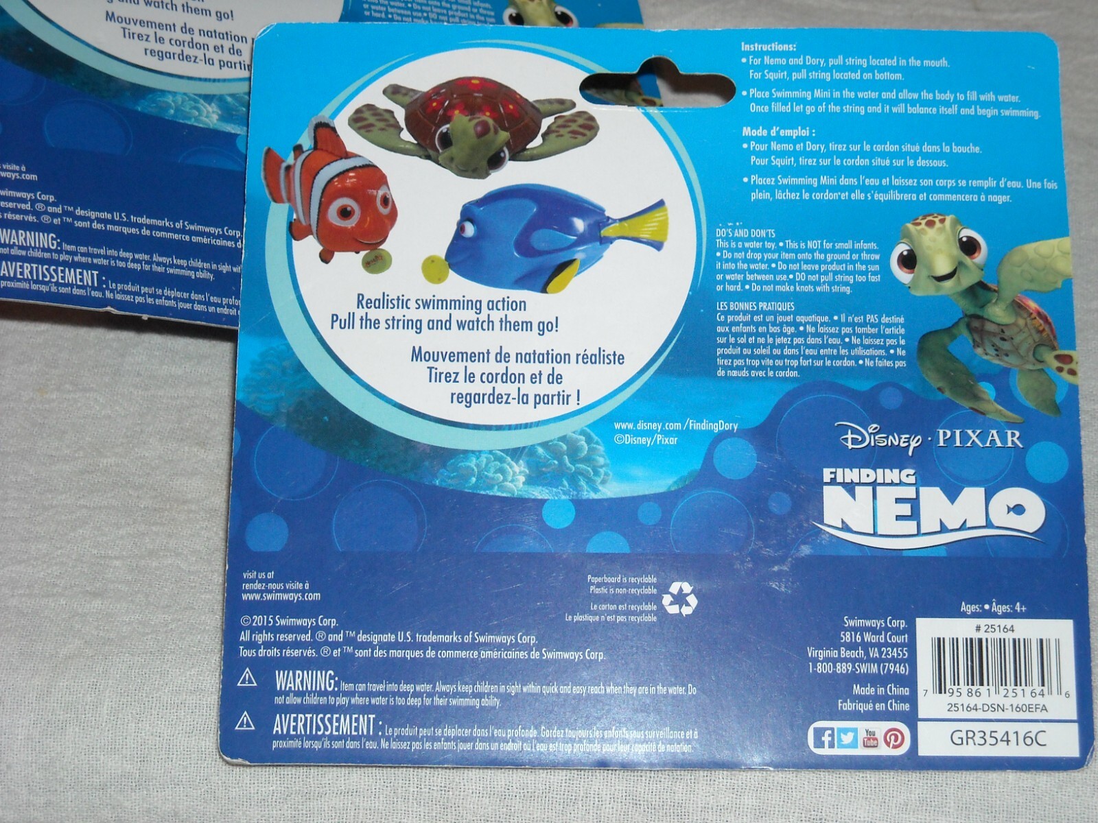 Swimways Disney Finding Nemo & Dory -tub-bath-blue-pool-water-toy-pull cord