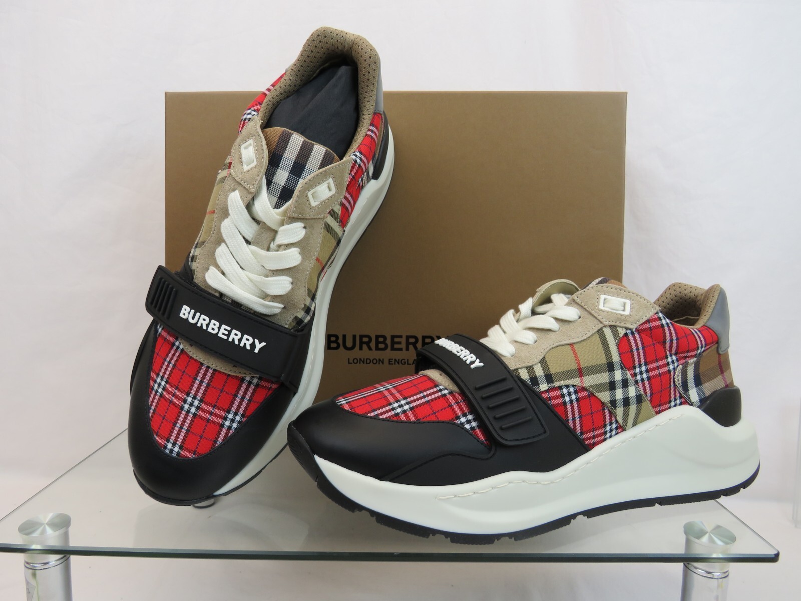 BURBERRY RAMSEY RED BEIGE CHECK CANVAS SUEDE LOGO STRAP BURBERRY RAMSEY RED BEIGE CHECK CANVAS SUEDE LOGO STRAP