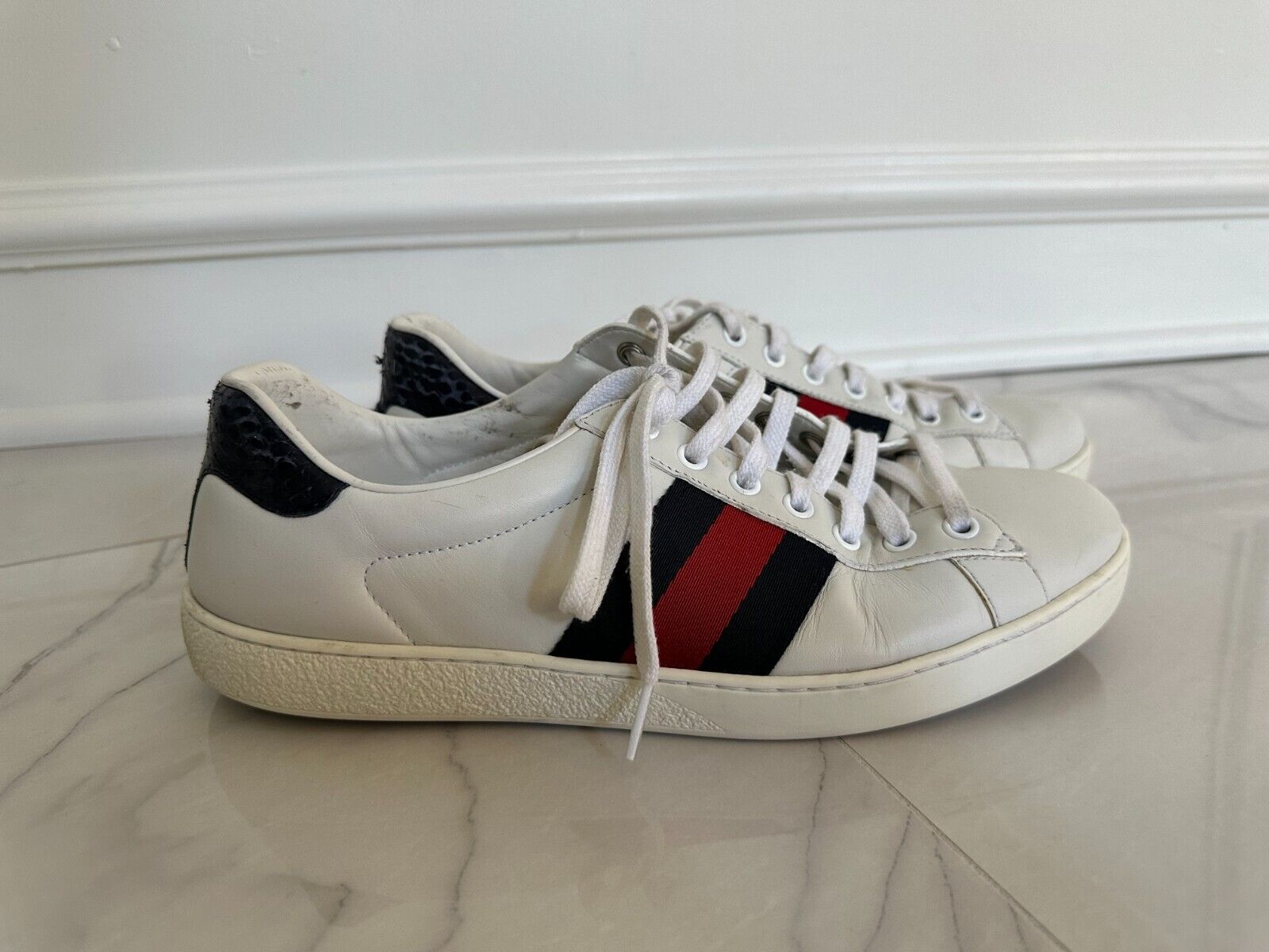 Gucci Ace White Leather Lace up Sneaker, Blue/Red Stripe Gucci Ace White Leather Lace up Sneaker, Blue/Red Stripe