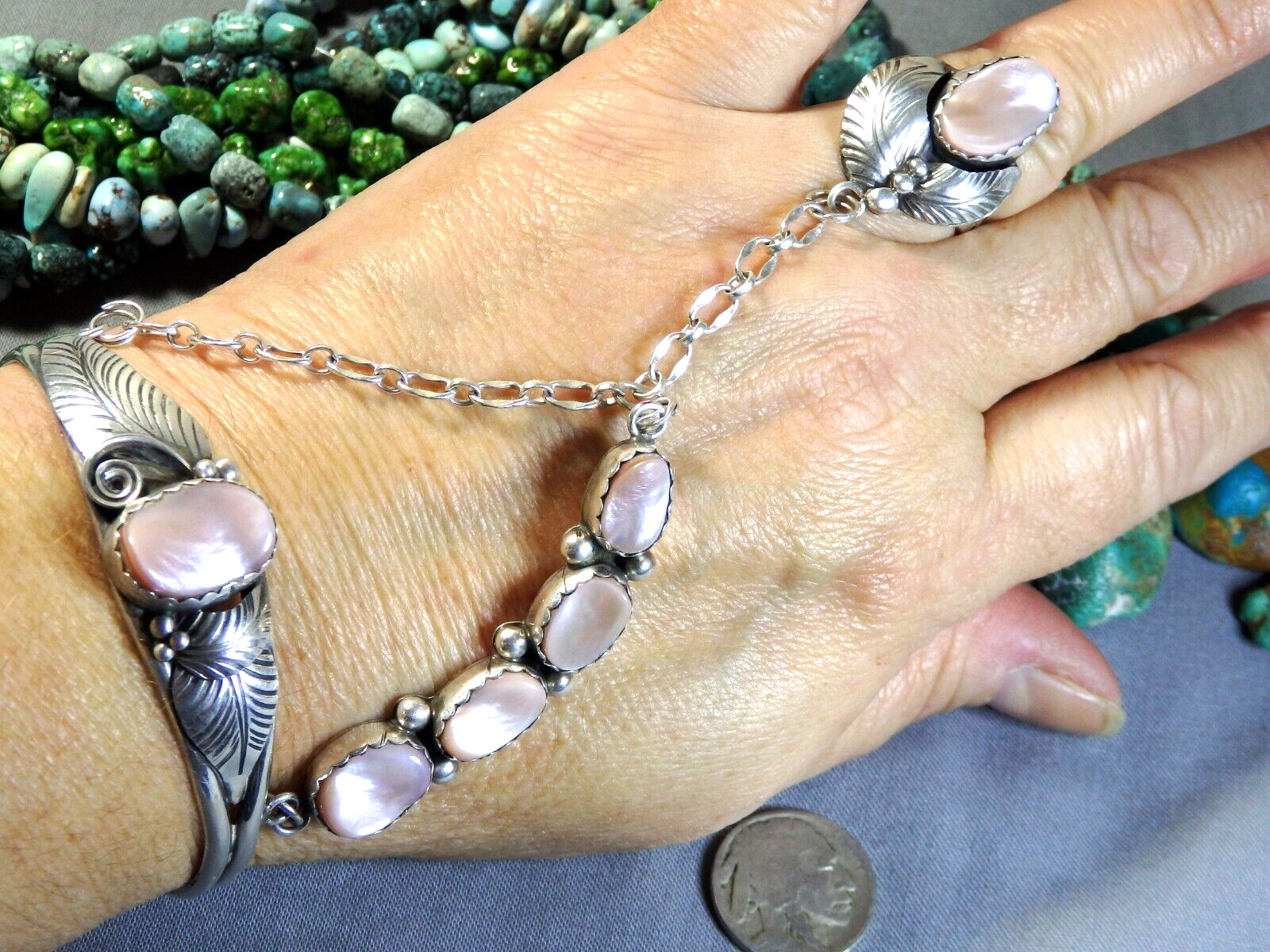 NAVAJO JJ Pink MUSSEL SHELL Solid STERLING Silver SLAVE BRACELET Ring sz9 eBay