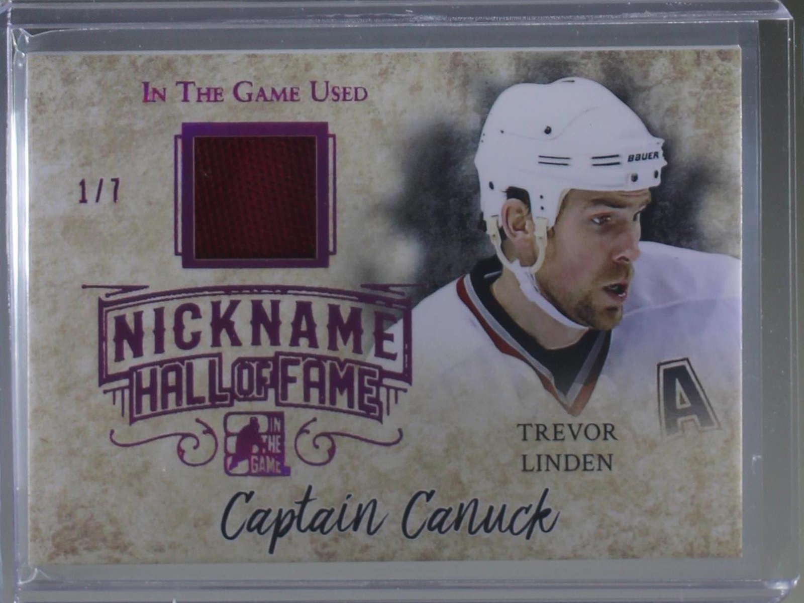 2017-18 Leaf In the Game Used - Nickname Hall of Fame Relics Magenta #NHFP-39 Trevor Linden /7 ...