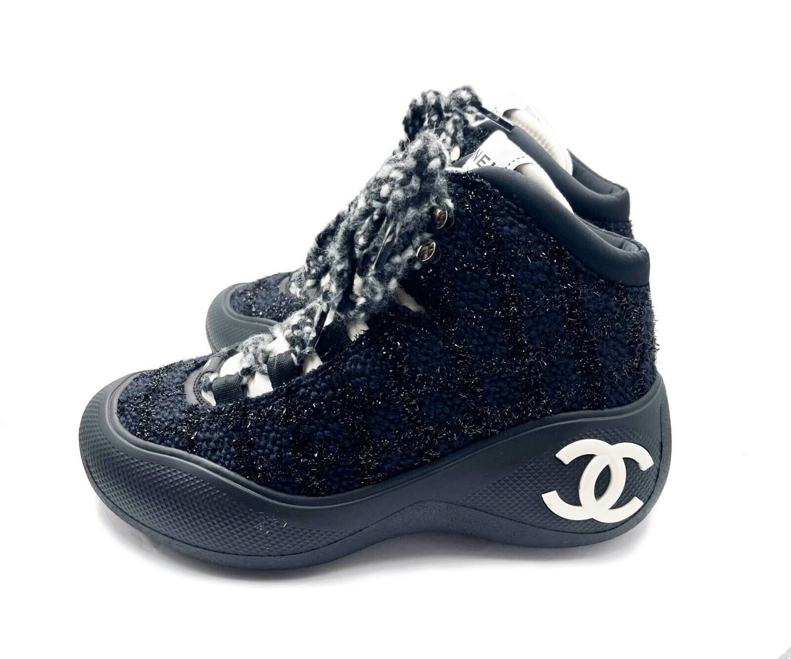 Chanel Brand New White CC Black Tweet Ski Boots with Spikes Chanel Brand New White CC Black Tweet Ski Boots with Spikes