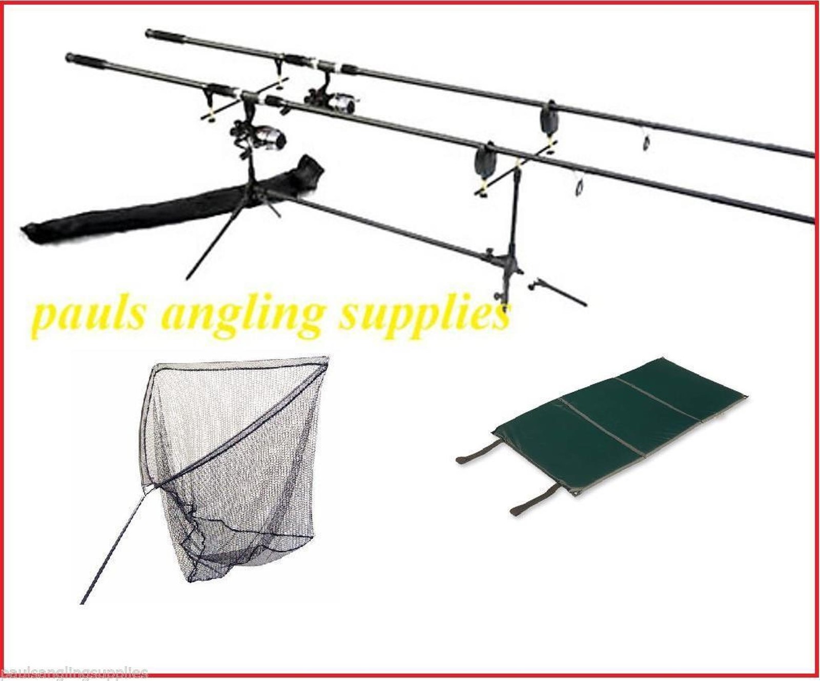 Carp Fishing Set 2 Rods 2 Reels 2 Alarms Rod Pod Mat Carp Landing Net ...