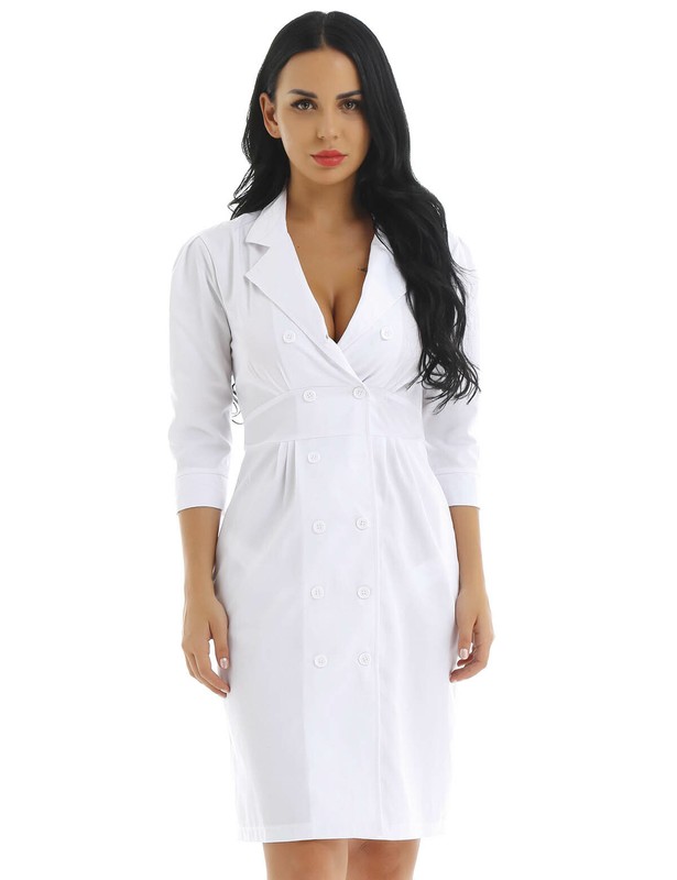 Women Nurse Uniform Dresses Button Front White Hospital Nurse Doctor ...