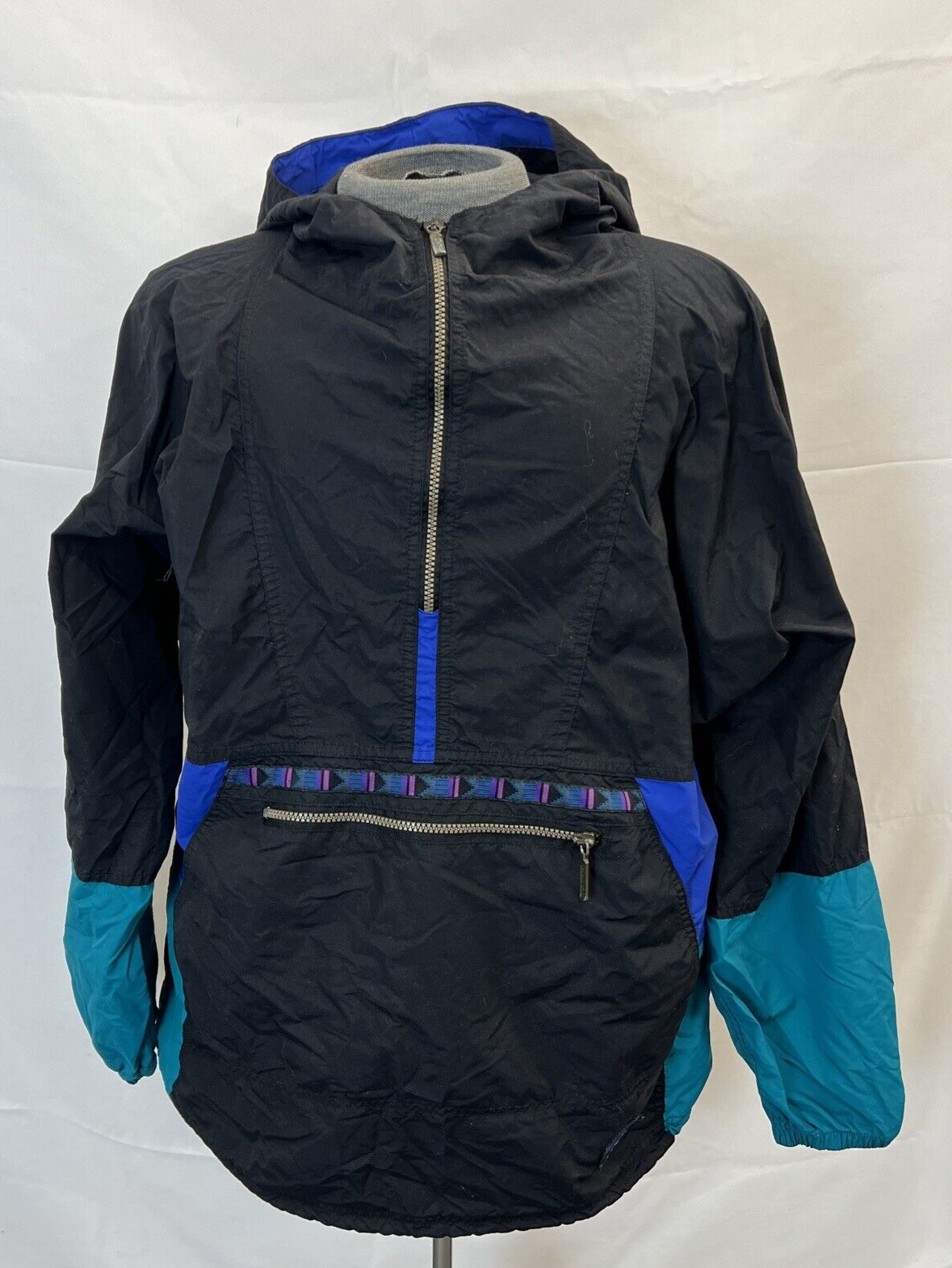 L.L. Bean Anorak Windbreaker Black Blue Teal Jacket Half Zip L.L. Bean Anorak Windbreaker Black Blue Teal Jacket Half Zip
