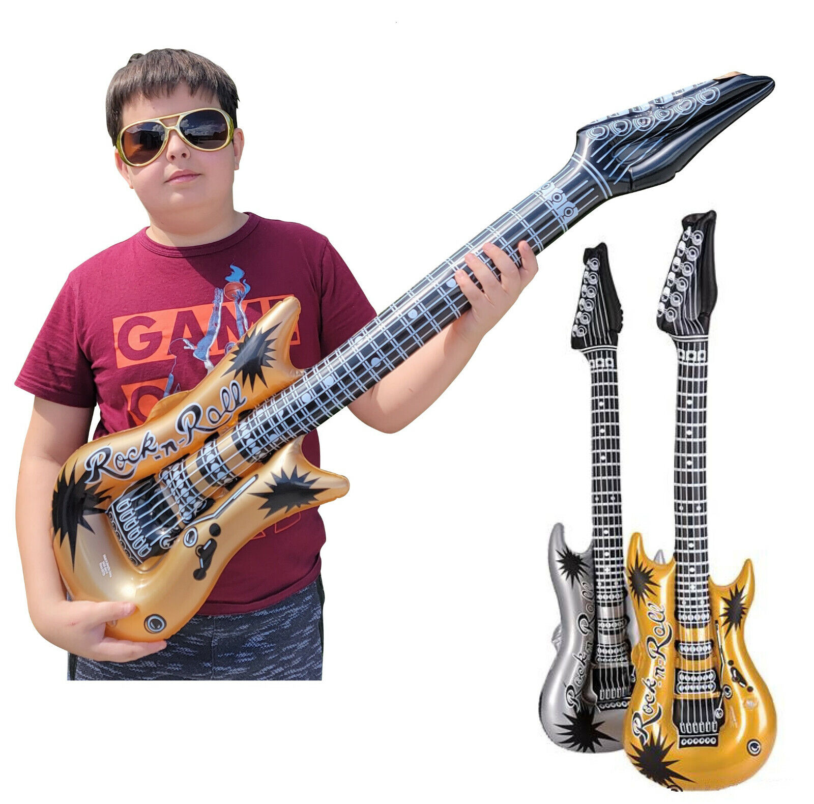 Gold and Silver Rock Inflatable Guitar (2 Pack) Rock Star Gold and Silver Rock Inflatable Guitar (2 Pack) Rock Star