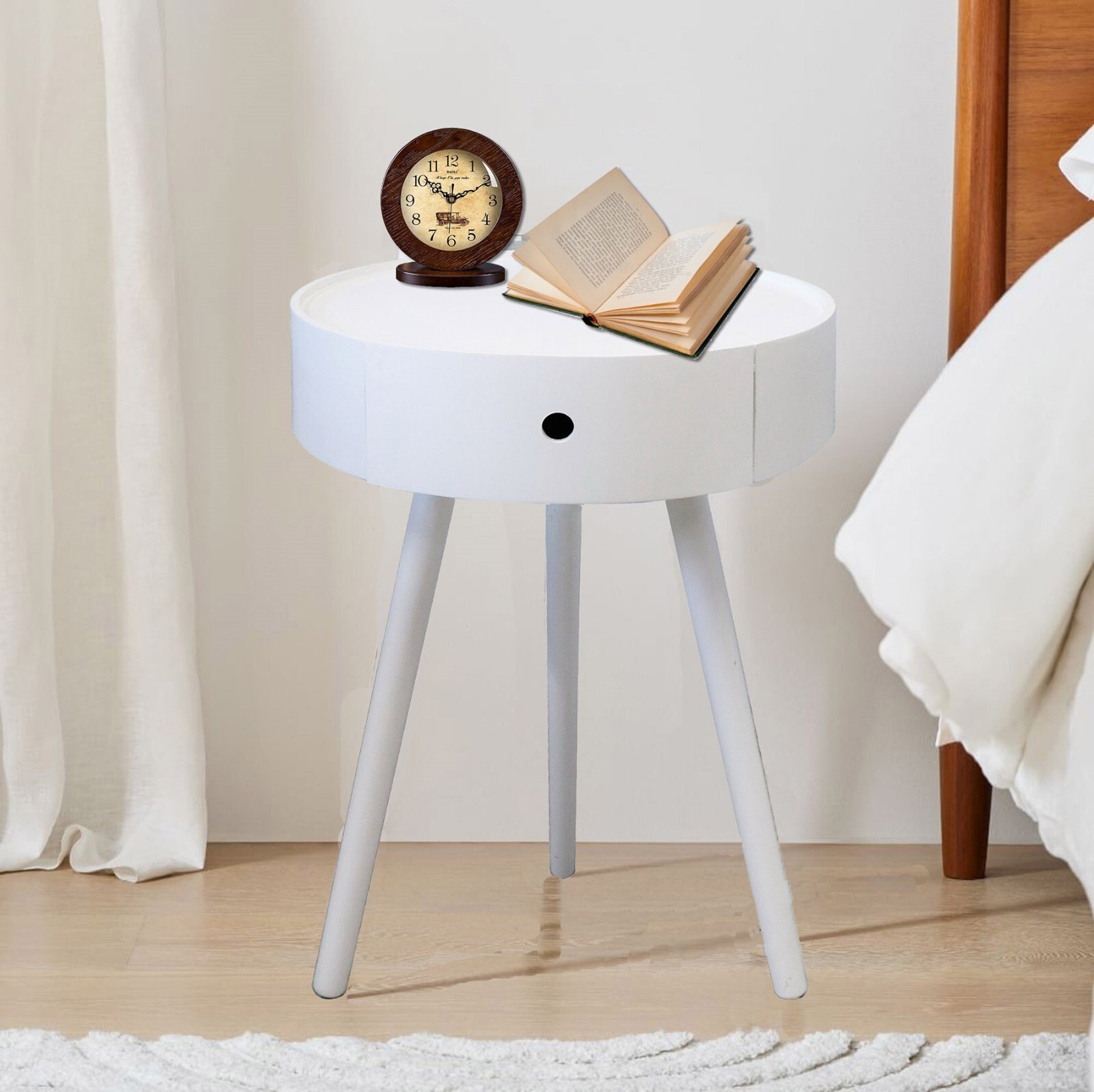 Round lamp table with drawer store