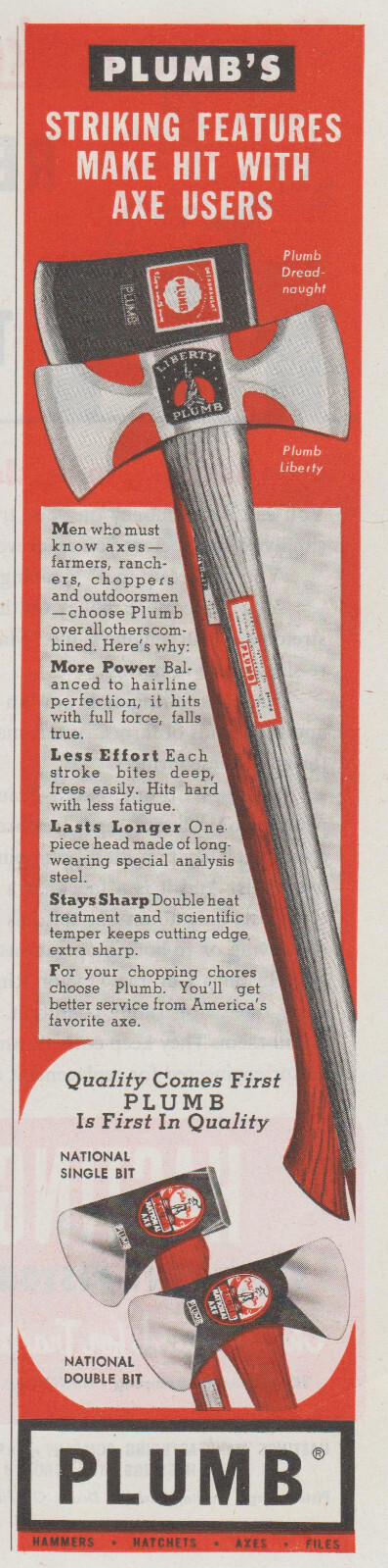1954 Plumb Axe - Various Models National Liberty - Ax Tool 1954 Plumb Axe - Various Models National Liberty - Ax Tool