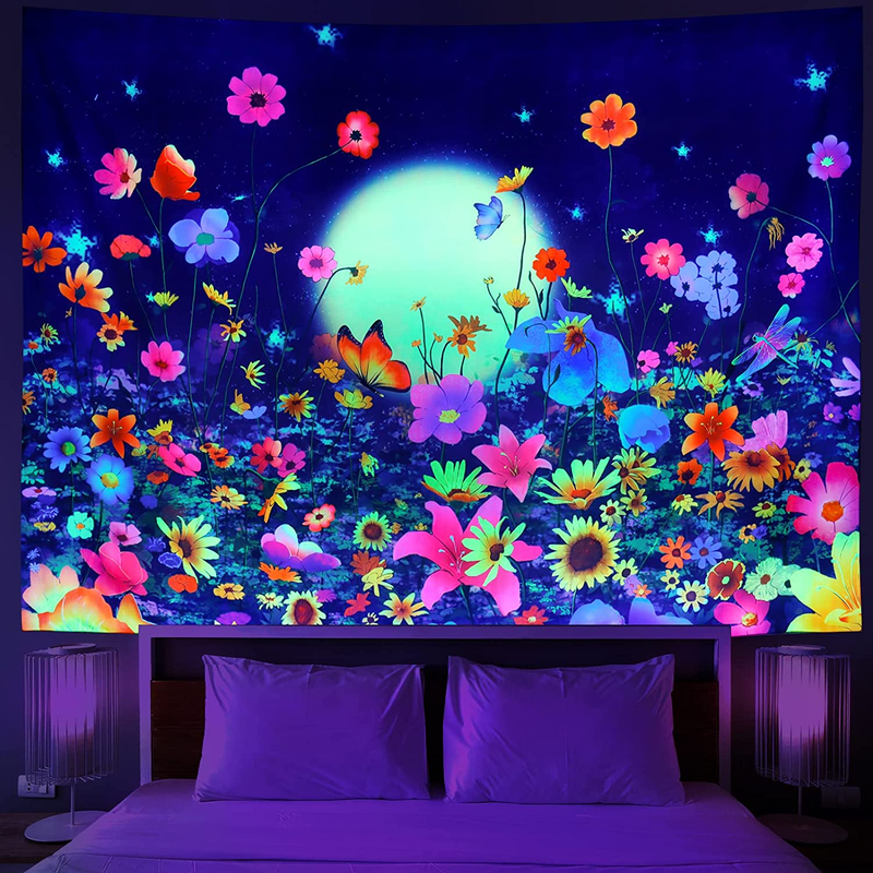 Blacklight Flowers Tapestry UV Reactive Moon Floral Tapestry Starry ...