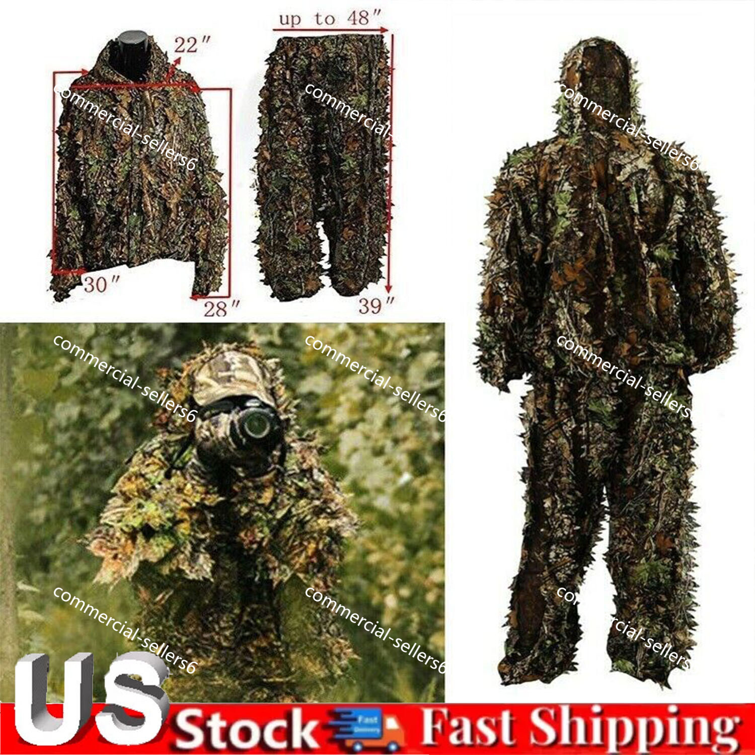 Ghillie Suit 3D Leafy Camo Hunting Suits, Woodland Gilly Suits Suits ...