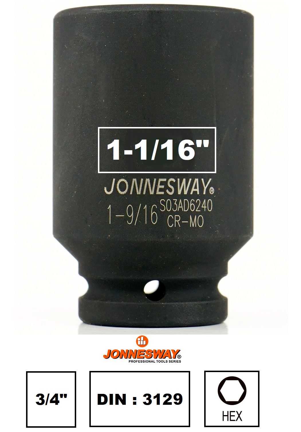 Jonnesway S03ad6227 3/4" Drive 1-1/16" Deep Impact Socket Ch-molybdenum ...