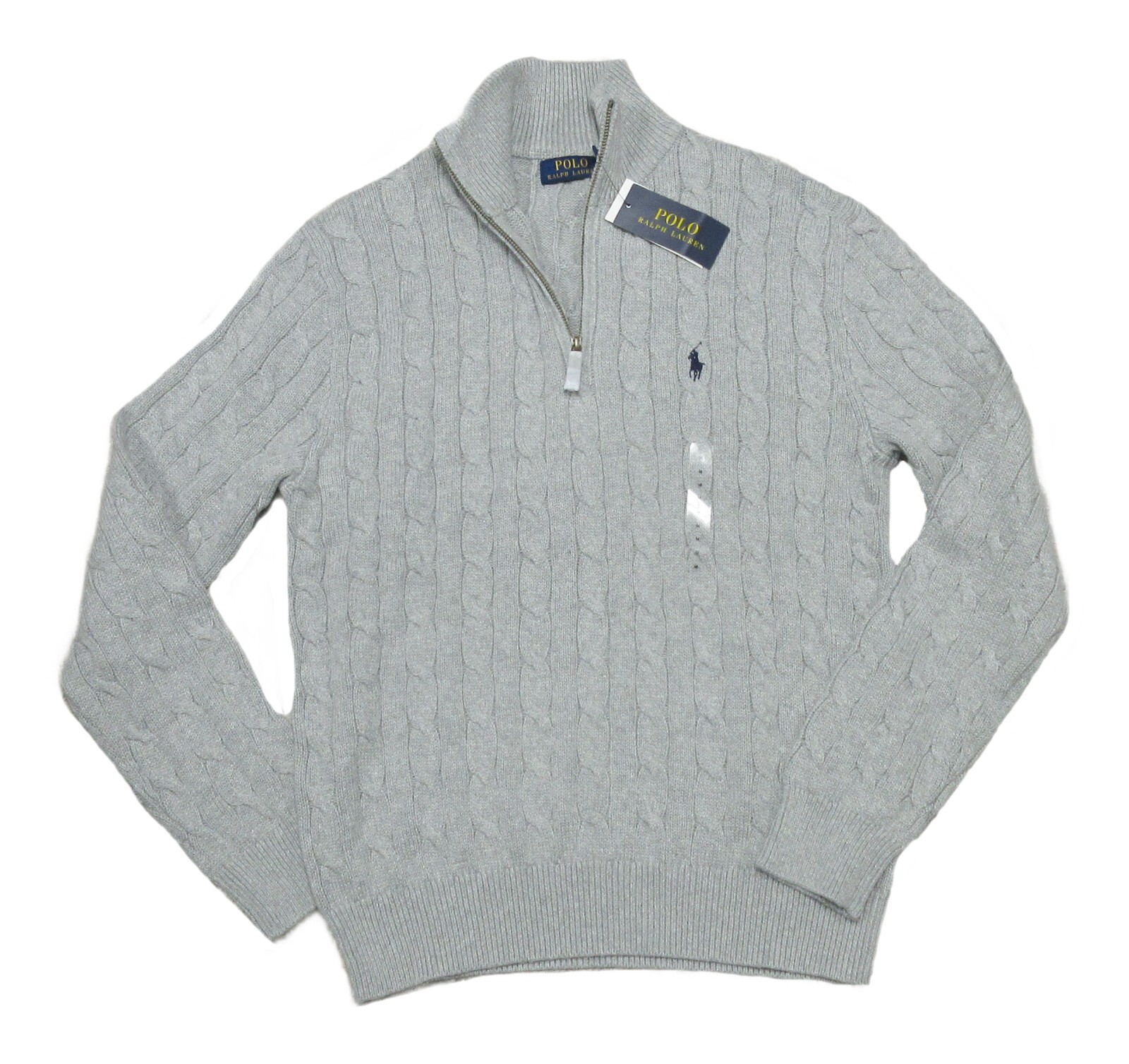 Polo Ralph Lauren Men's Grey Chunky Cable Knit Cotton 1/4 Polo Ralph Lauren Men's Grey Chunky Cable Knit Cotton 1/4