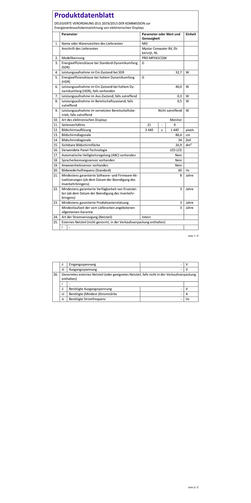 MSI 86,36Cm (34") Courbé VA UWQHD PRO MP341CQWDE HDR/HDMI/ 4Ms | eBay