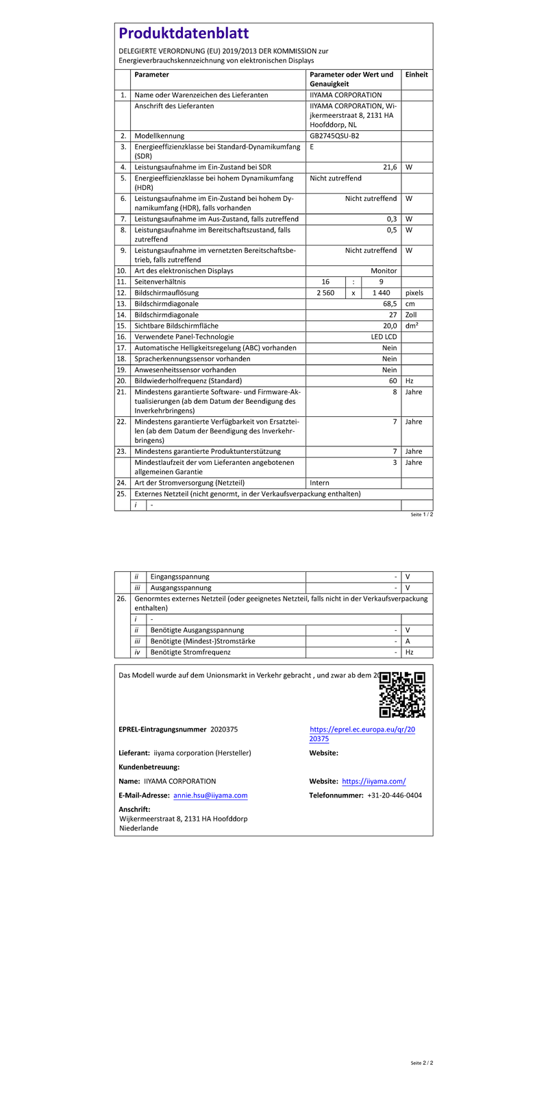 IIYAMA TFT GB2745QSU 68,5 Cm IPS 27/2560x1440/HDMI/DP/2xUSB Hub/Höv | eBay